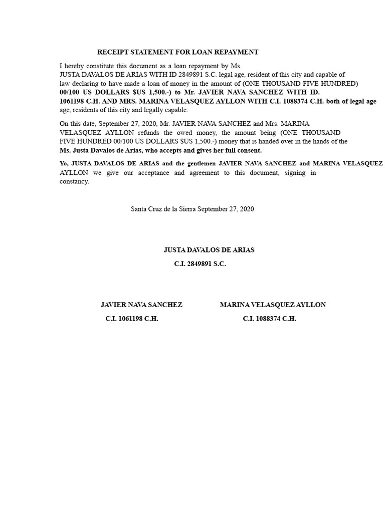 Receipt Declaration For Loan Repayment | PDF
