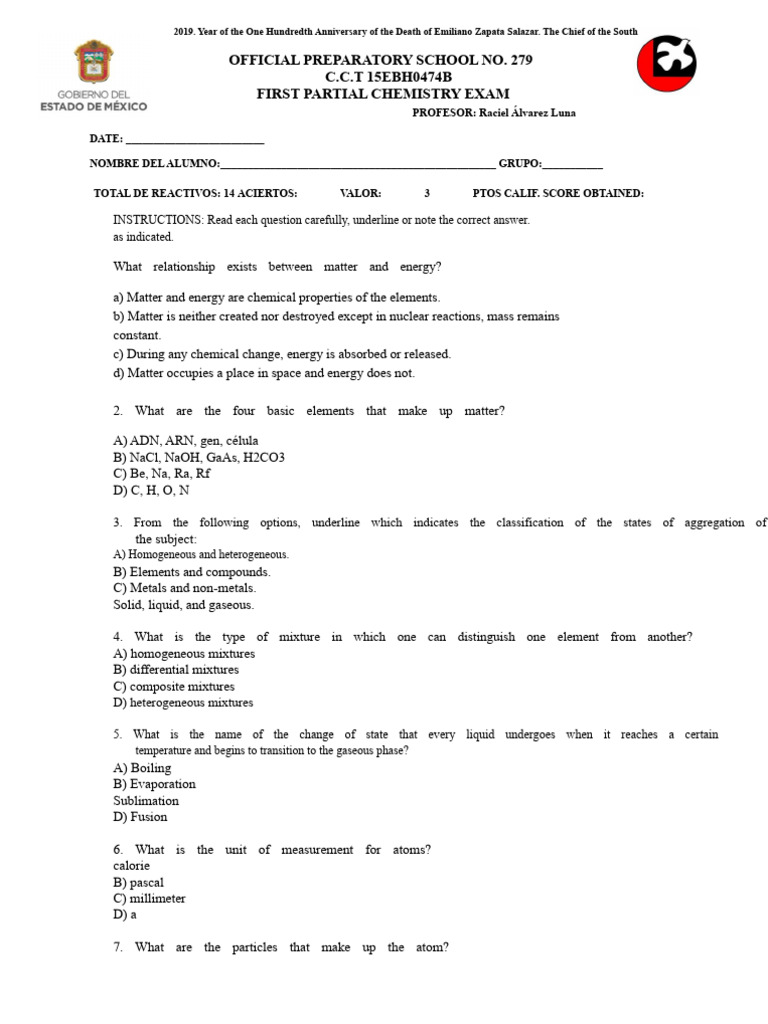 Chemistry Exam First Partial | PDF | Chemical Elements | Electron