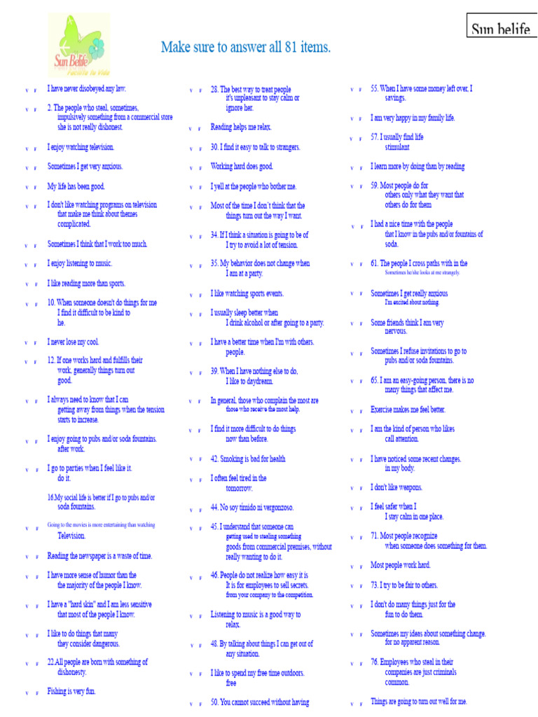 Make sure to answer all 81 items. | PDF | Psychological Concepts ...