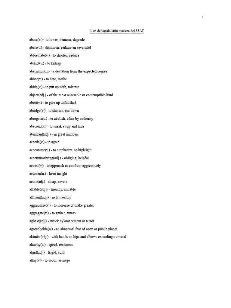 Lista de Vocabulario Maestra Del SSAT | PDF