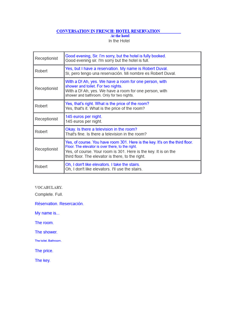 Conversation in French - Reception at a Hotel | PDF | Languages ...
