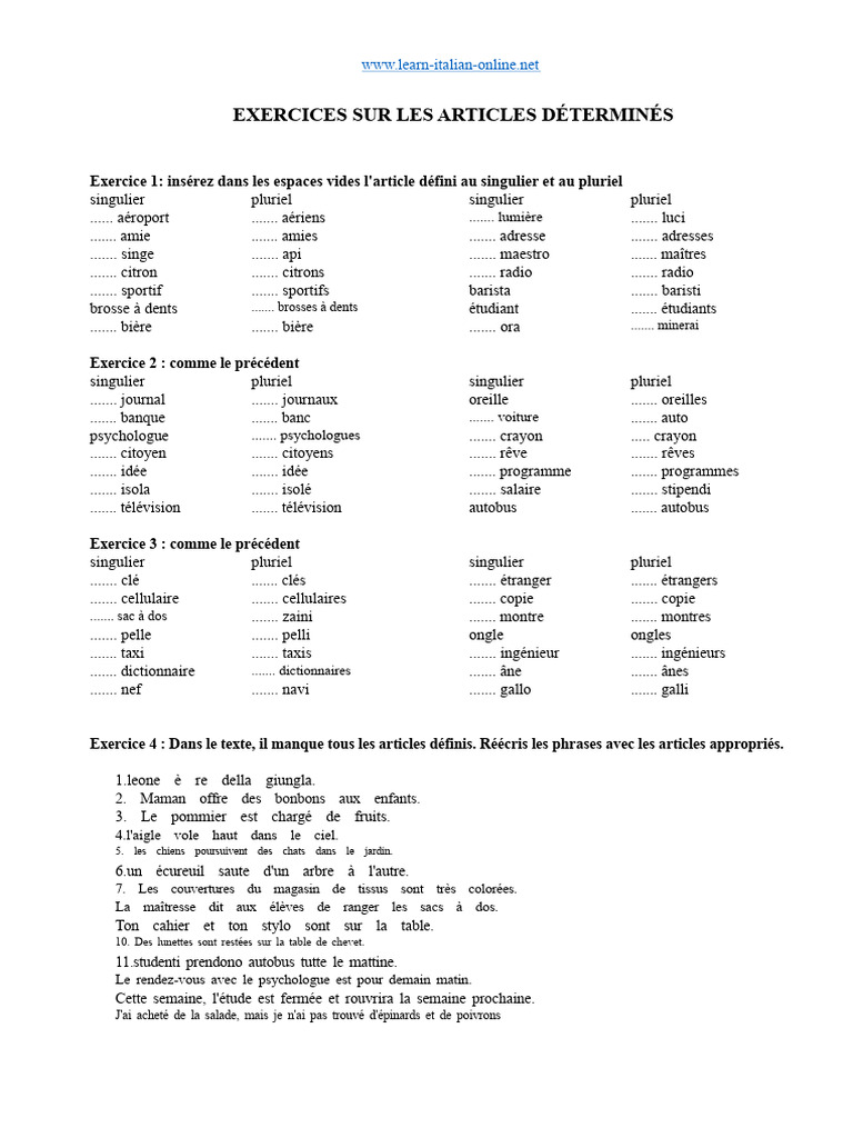 Exercices sur les articles définis en italien | PDF