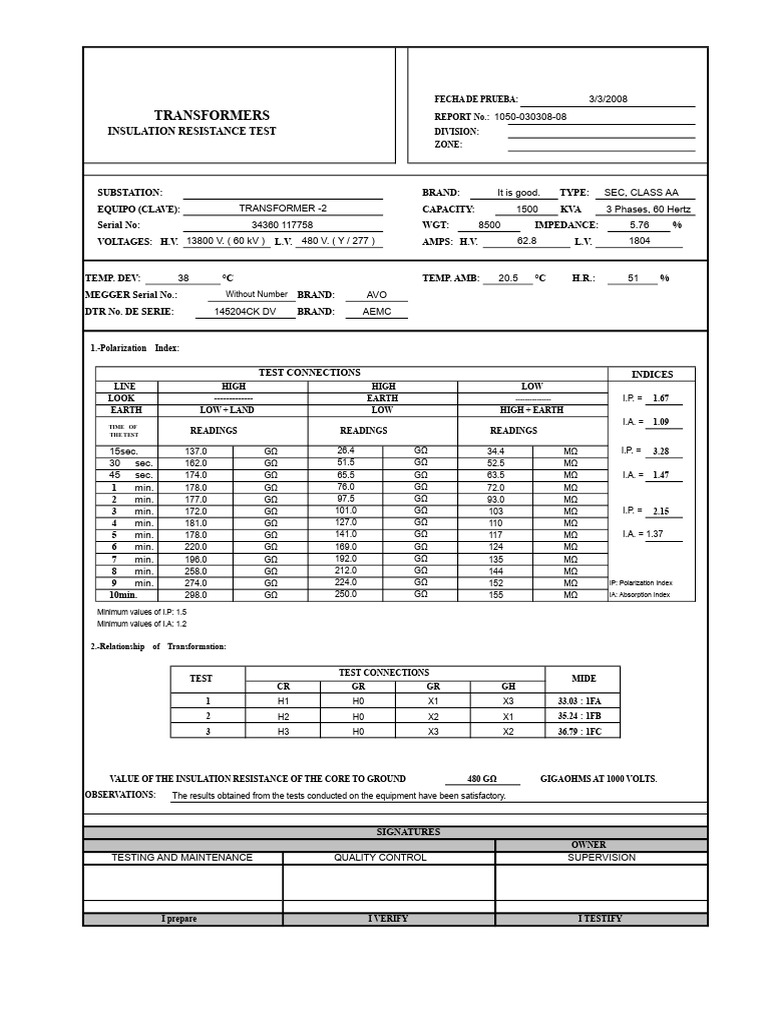 Dry Type Transformer Test No. 2 | PDF | Transformer | Electrical ...