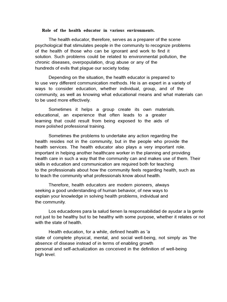 PREVENTIVE. Role of The Health Educator in Various Environments | PDF