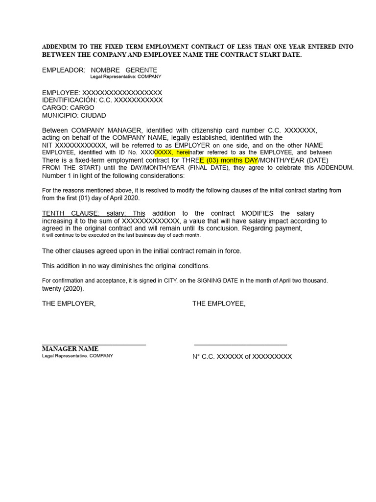 Addendum to Fixed-Term Employment Contract | PDF