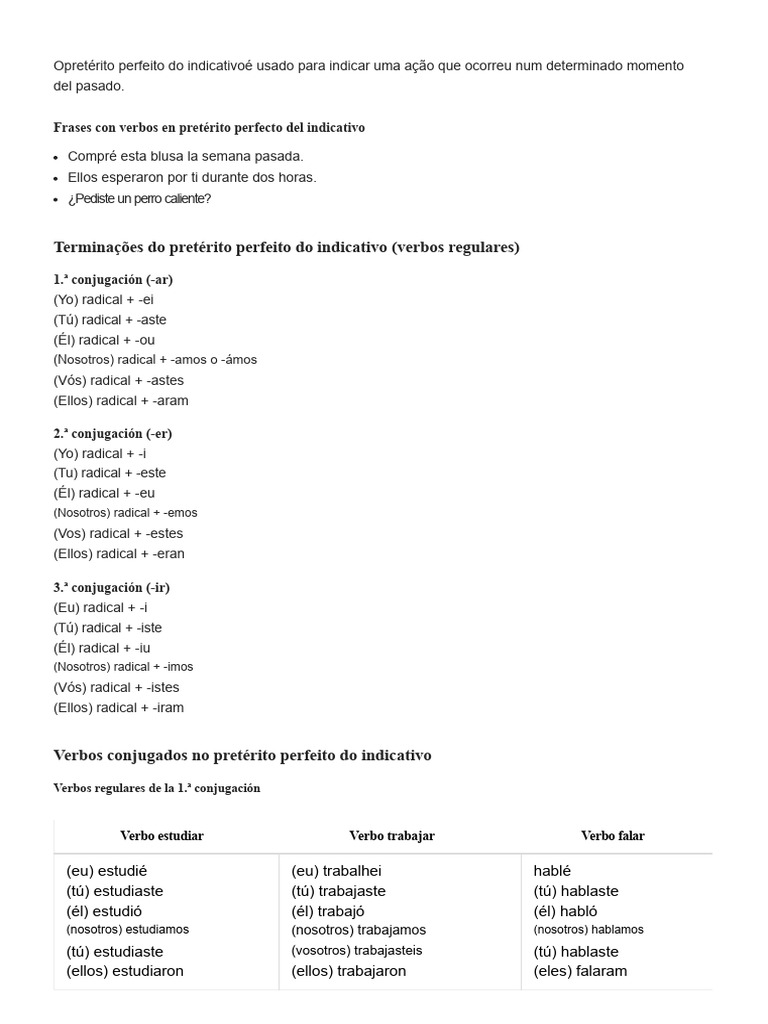 Pretérito Perfecto del Indicativo - Conjugación de Verbos | PDF | Verbo ...