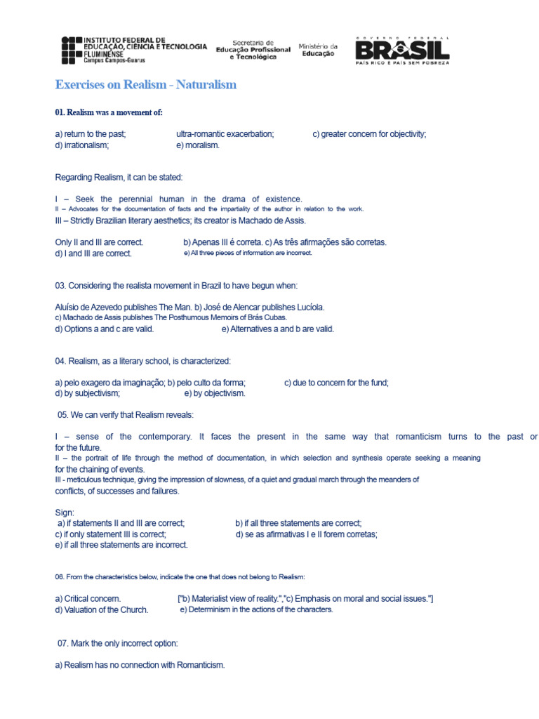 Realism Review Activity | PDF | Literary Realism | Realism (Arts)