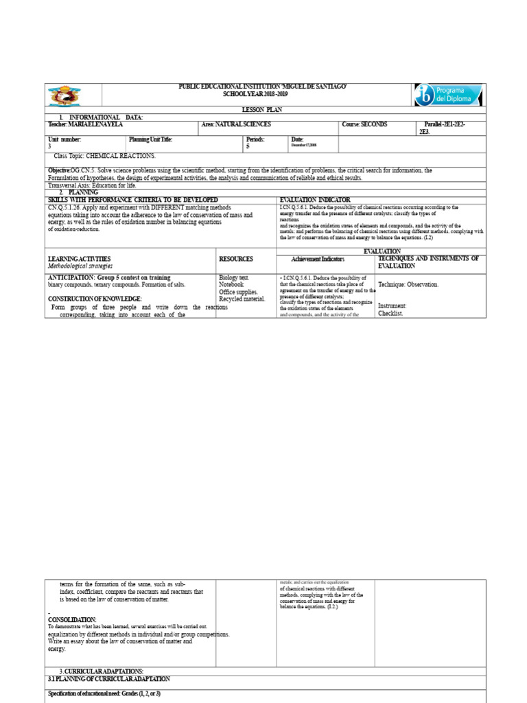 1 Chemistry Lesson Plan | PDF | Chemical Reactions | Redox