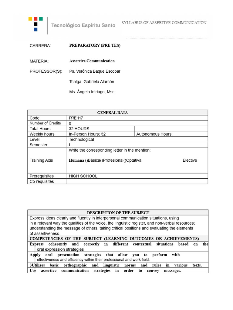 Syllabus Assertive Communication | PDF | Methodology | Communication