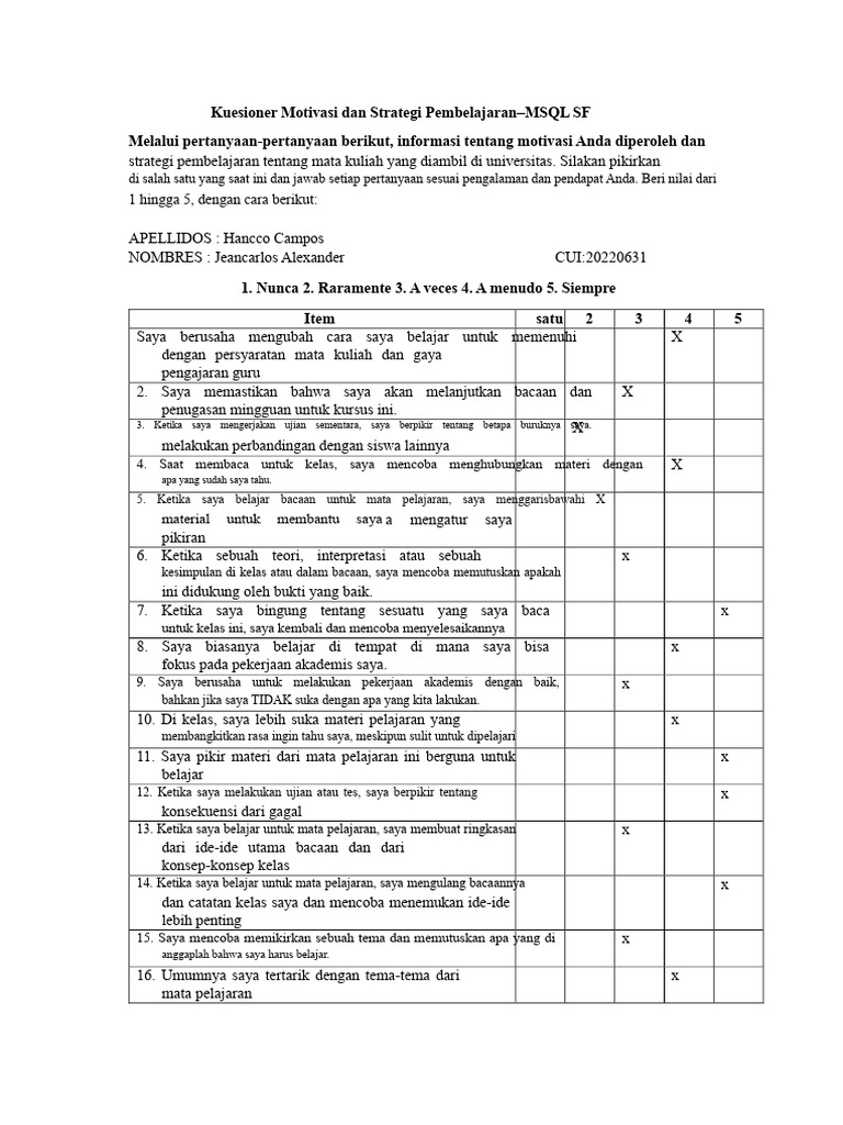 Kuesioner Motivasi dan Strategi Pembelajaran – MSQL SF | PDF