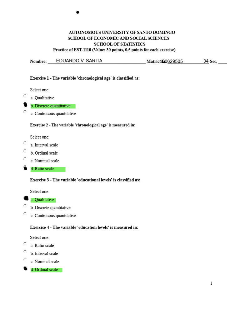 EST-111 Practice Juan G. Avilés Q. (2) FINAL EXAM STATISTICS | PDF ...