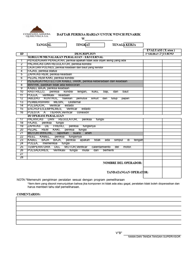Daftar Periksa Harian Winch Penarik | PDF