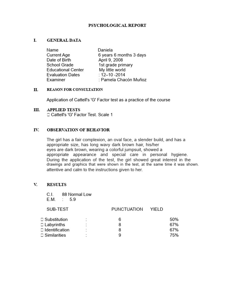 PSYCHOLOGICAL REPORT Cattell | PDF | Perception | Attention