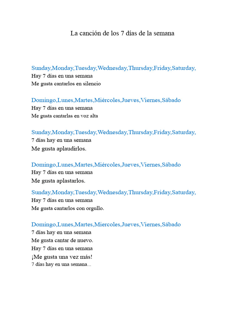 Canción de los 7 días de la semana | PDF