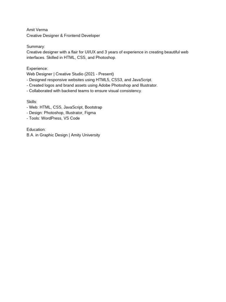 Creative Designer & Frontend Developer Resume | PDF