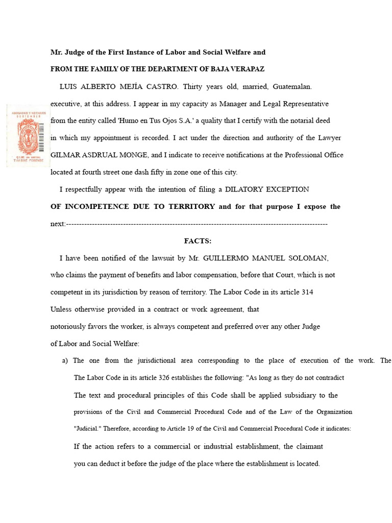 Memorial of Dilatory Exception Due To Territory | PDF | Lawsuit | Plaintiff