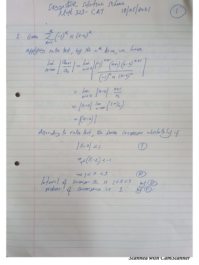 Math 323 CAT Suggested Solution Scheme | PDF