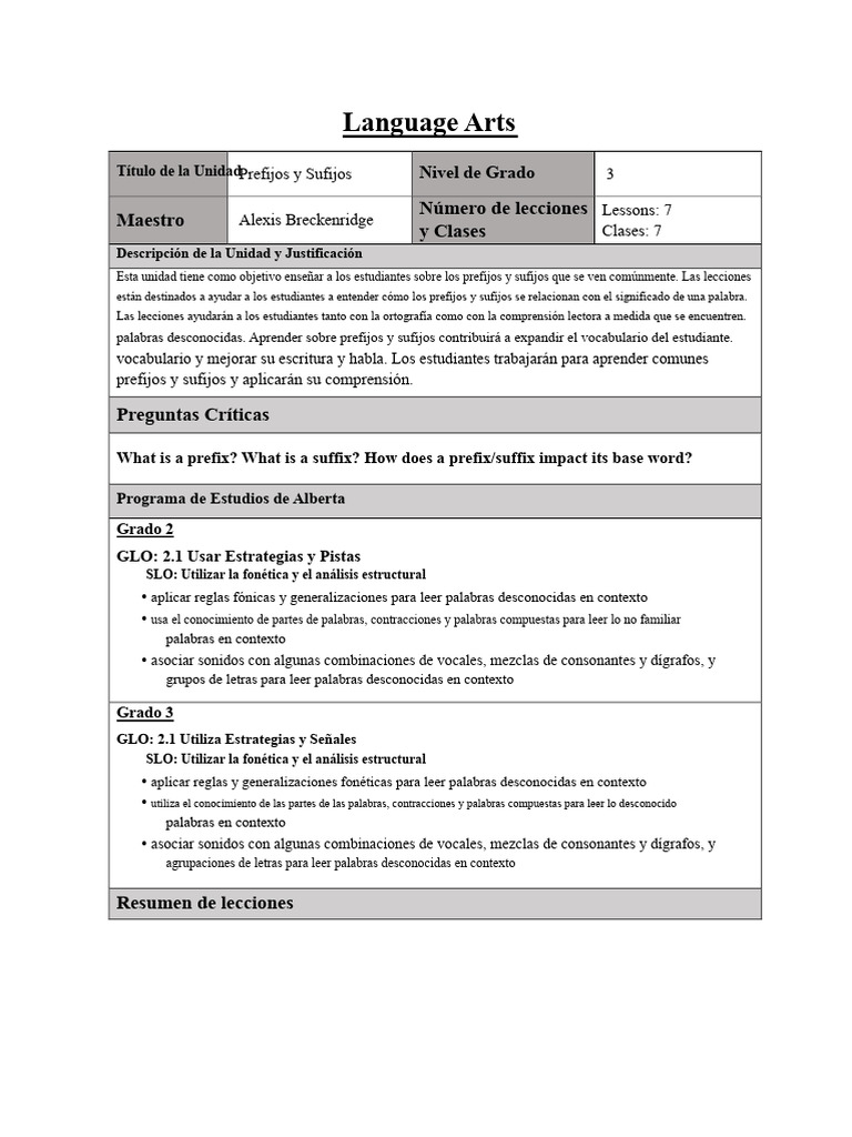 Plan de Unidad - Prefijos y Sufijos | PDF | Palabra | Fonética