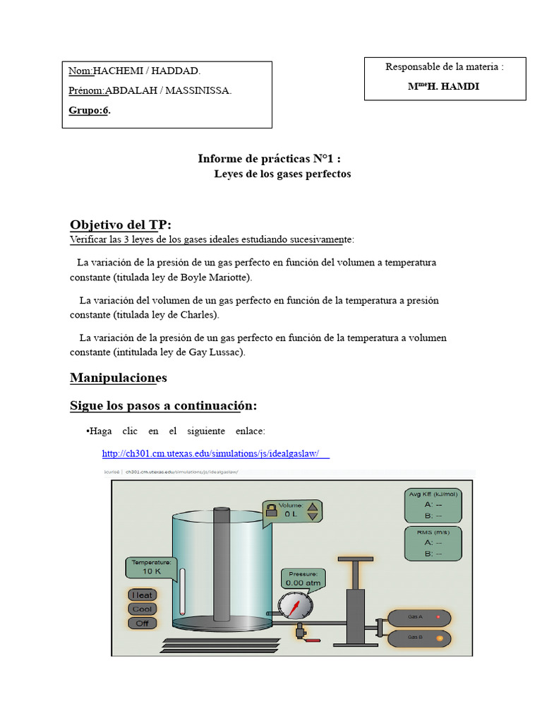 Informe de laboratorio TP°1 Ley de los gases perfectos | PDF | Gases ...