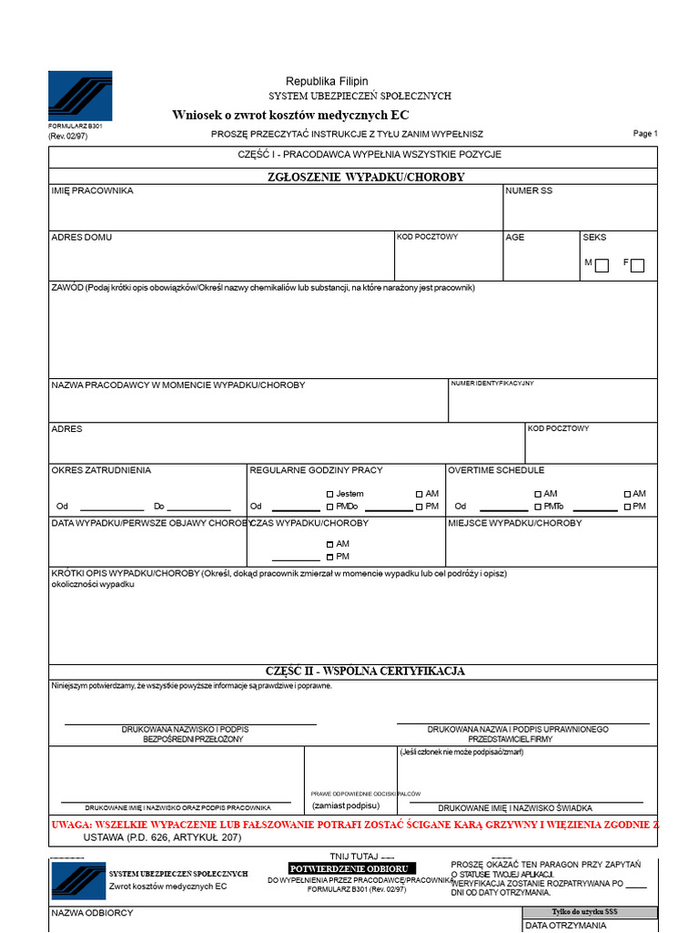 Formularz SSS EC Zwrot Kosztów Medycznych | PDF