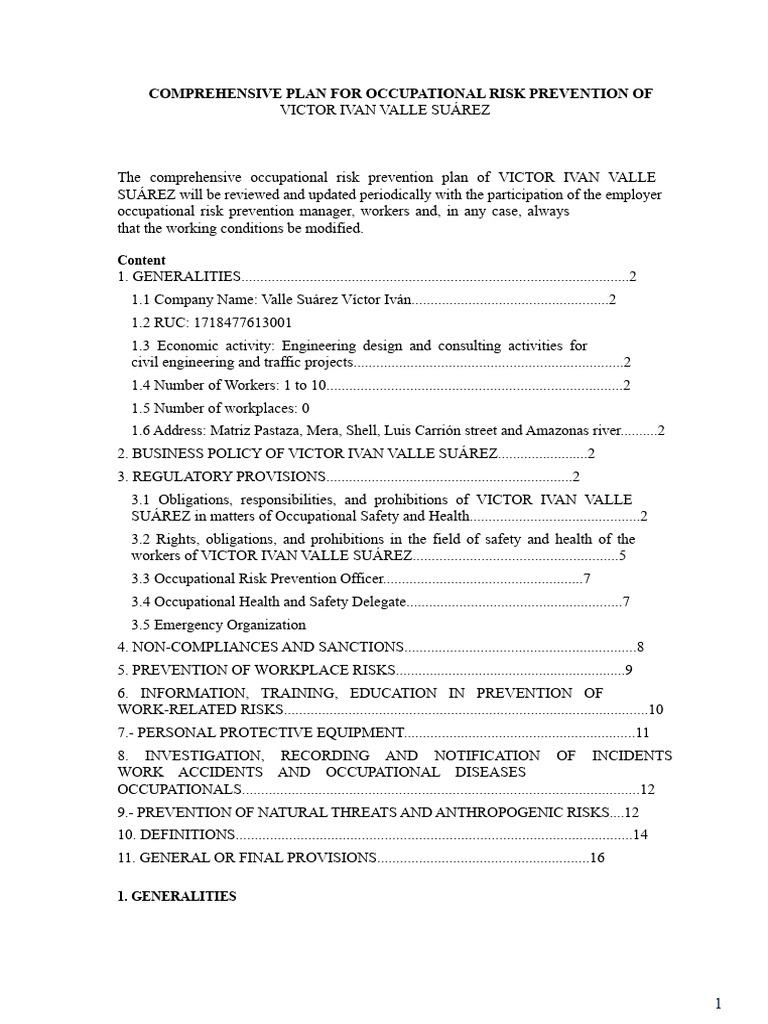 Integral Plan For The Prevention of Occupational Risks | PDF ...