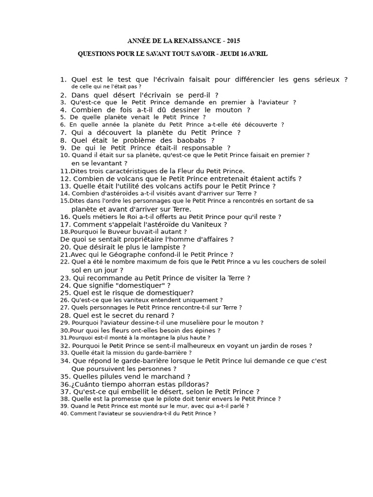 Questions sur "Le Petit Prince" | PDF | Le Petit Prince | Échecs