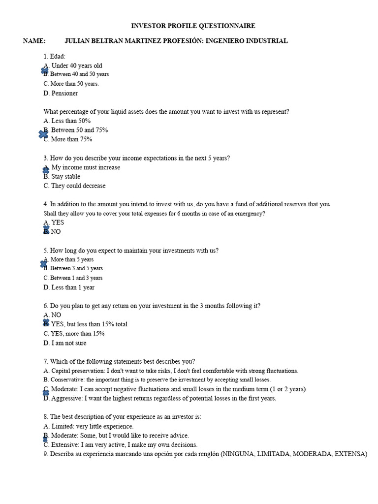 Investor Profile Questionnaire | PDF | Investing | Risk