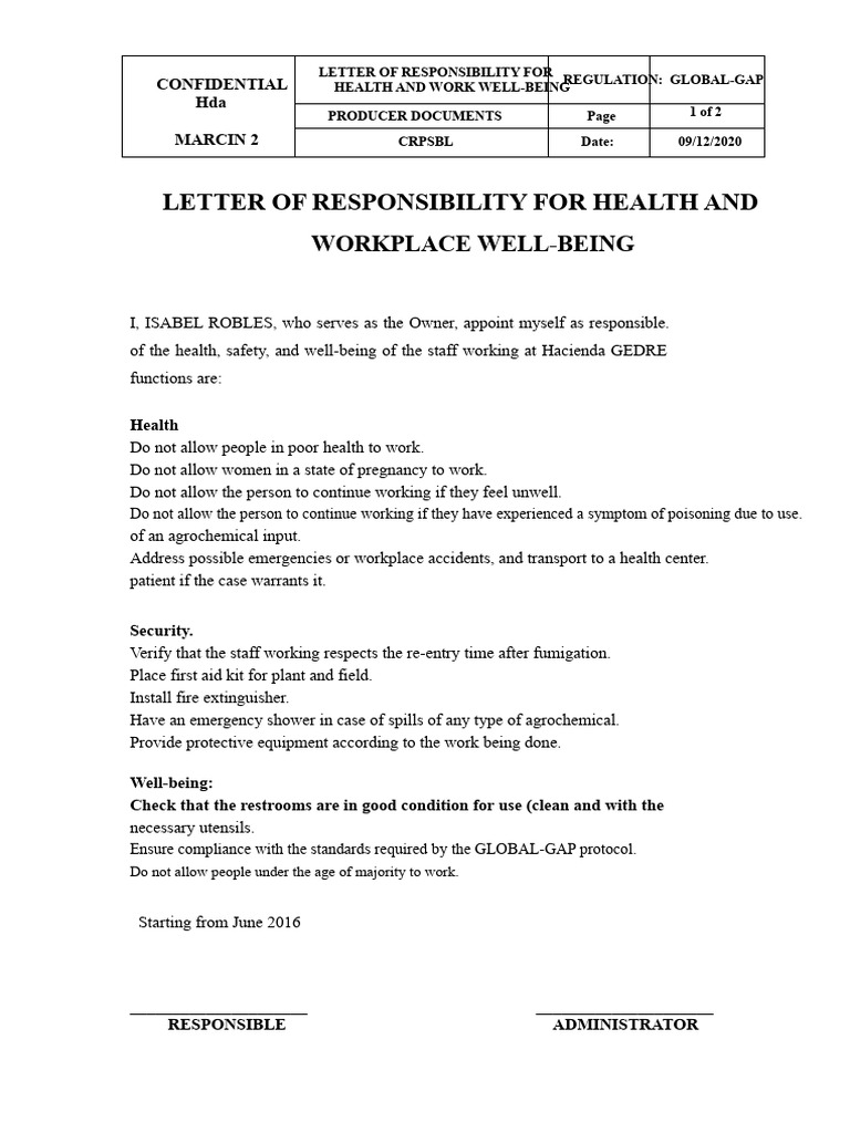 Letter of Responsibility For Health and Labor Well-Being | PDF