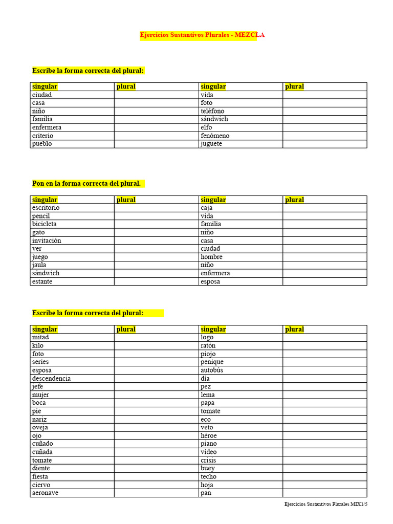 Ejercicios de Plurales en Español | PDF