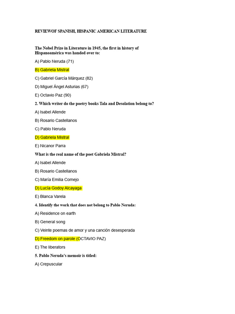 Questions - Hispanic American | PDF | Spanish Language Literature