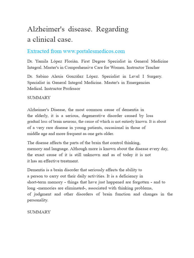 Clinical Case Alzheimer PDF | PDF | Alzheimer's Disease | Dementia