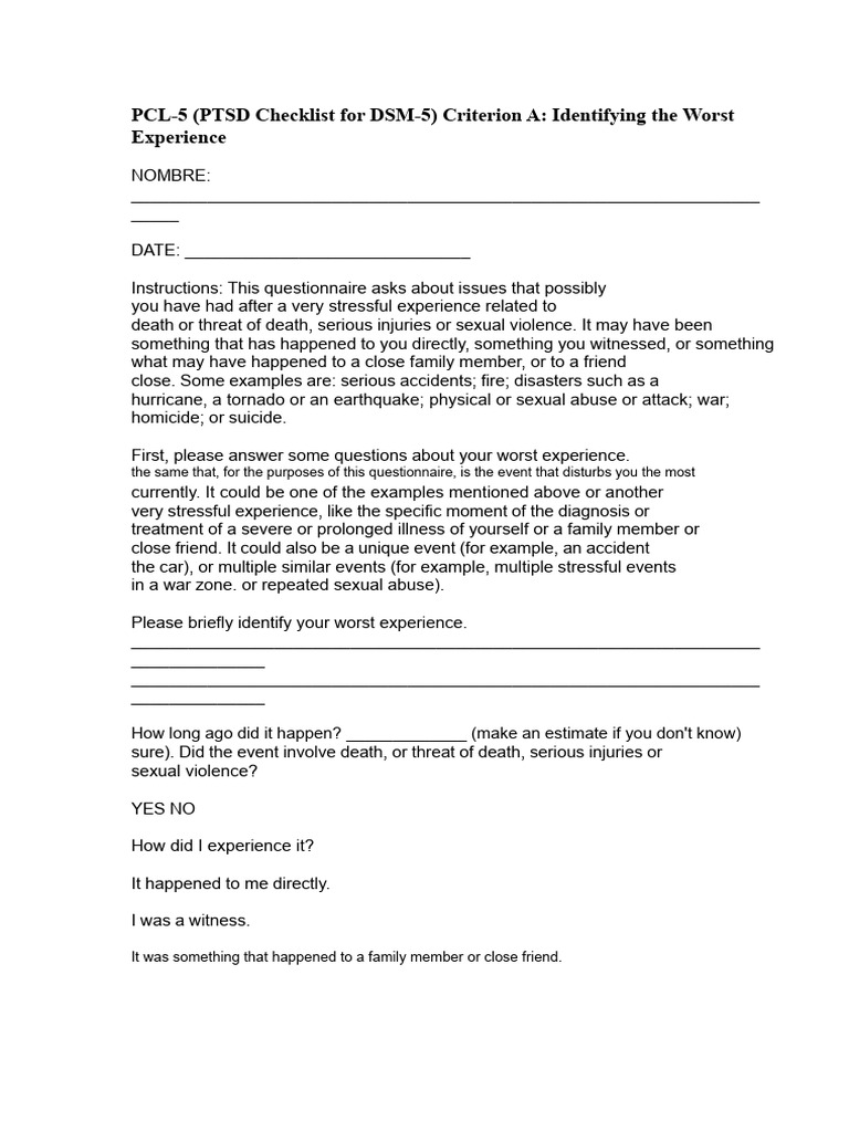PCL-5 PTSD Checklist Instructions | PDF | Mental Health | Abnormal ...