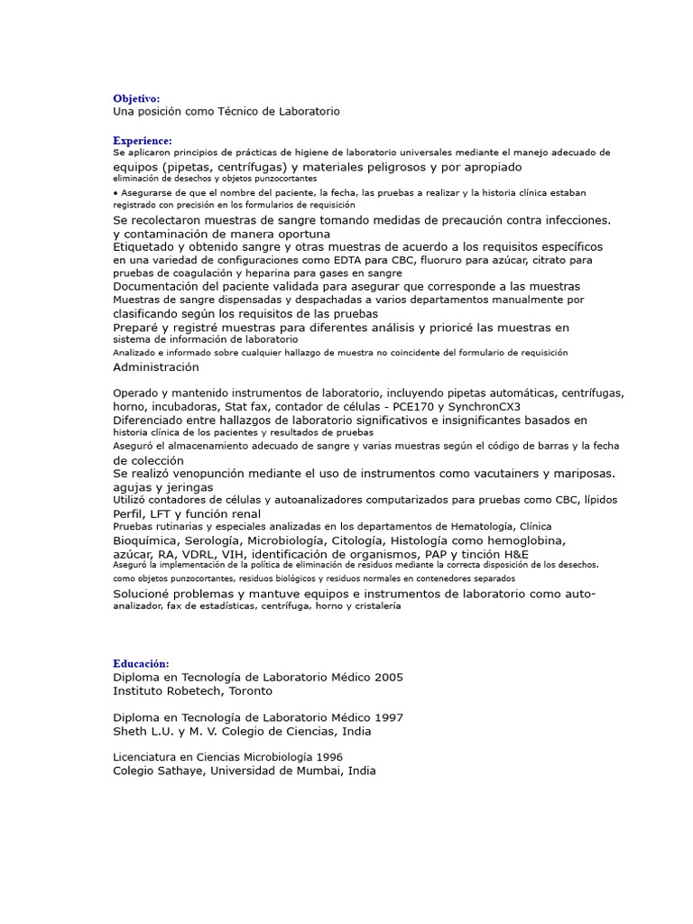Currículum de Bsc MLT | PDF | Laboratorios