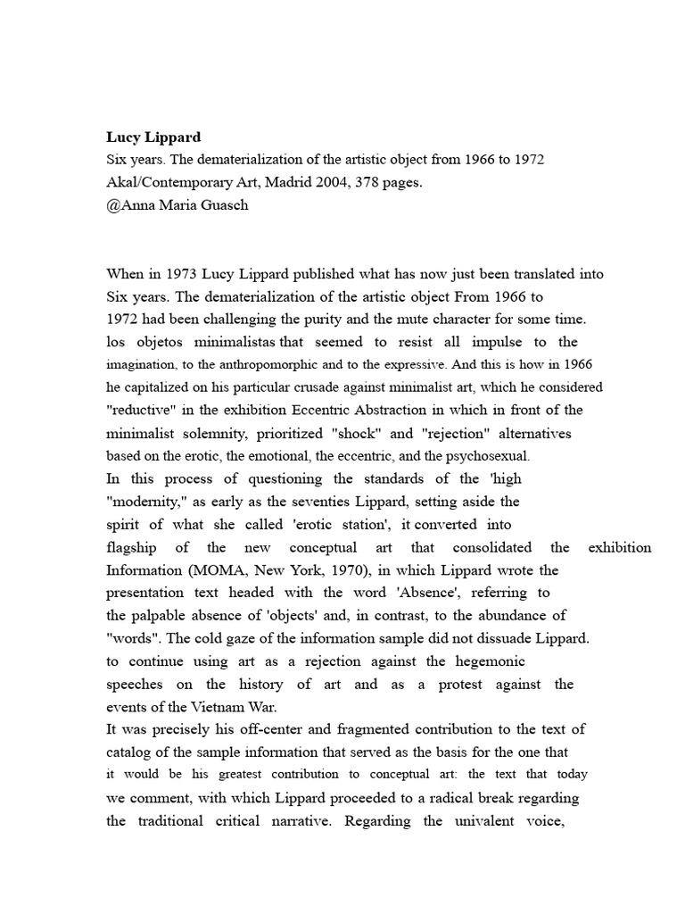 Lucy Lippard Six Years. The Dematerialization of the Art Object from 1966 to 1972 | PDF ...