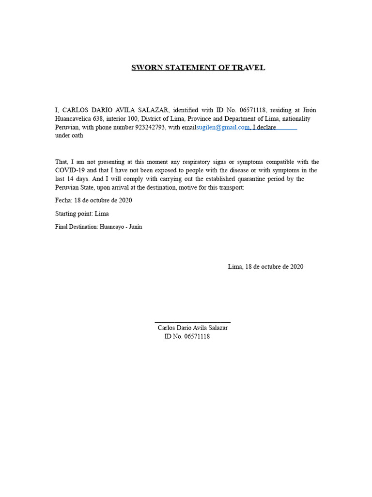 COVID-19 Travel Sworn Statement Template | PDF