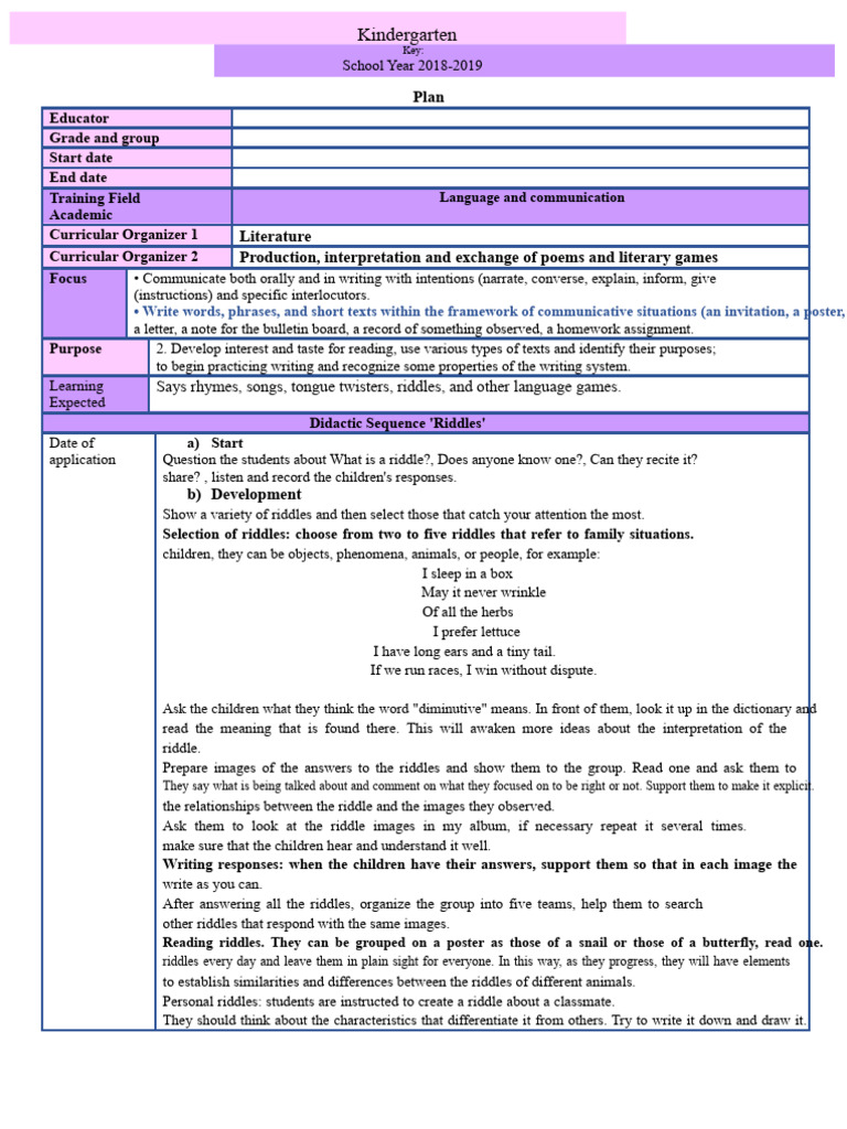 Kindergarten Riddles Learning Plan | PDF | Curriculum | Communication