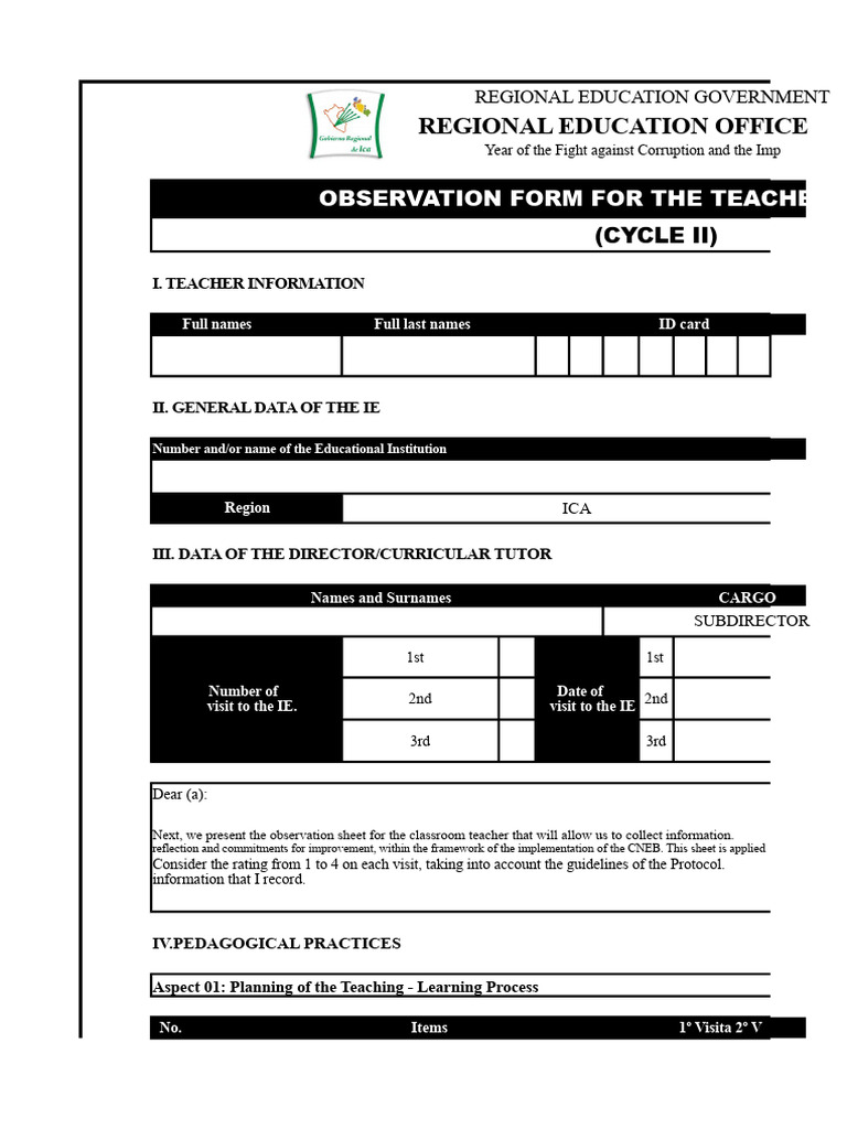 Observation Sheet For Classroom Teacher - Cycle II | PDF | Learning ...