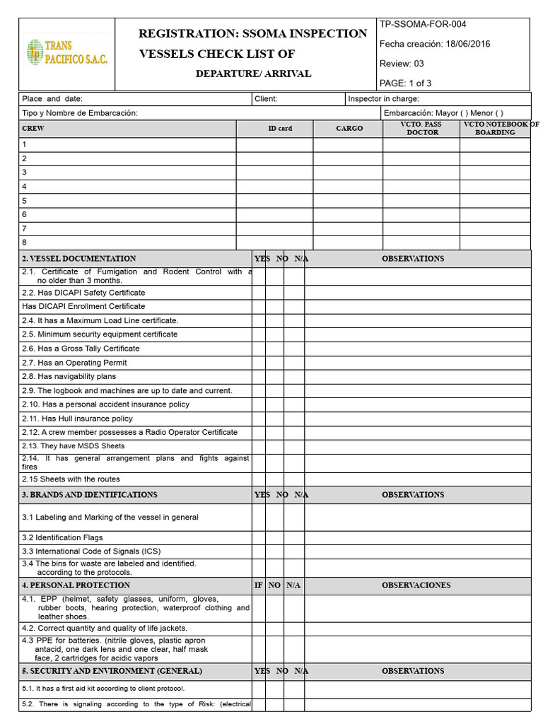 TP-SSOMA-FOR-004 Inspection of Vessels DEPARTURE CHECKLIST | PDF