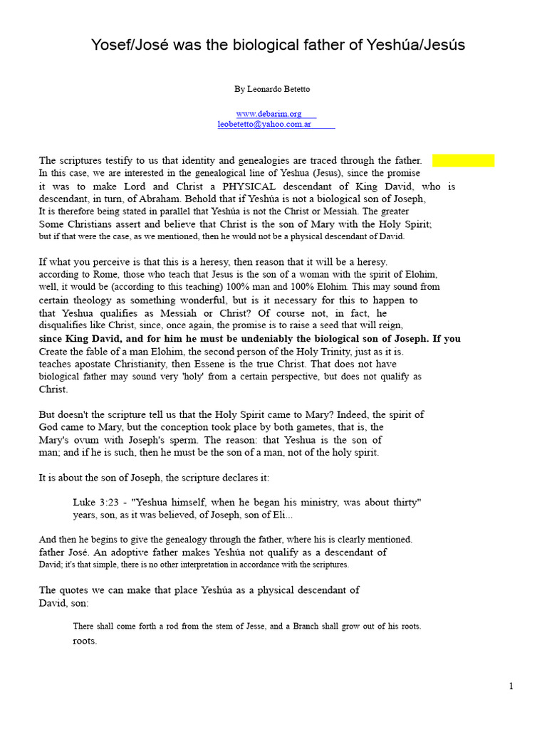 Yeshúa's Genealogy: Son of Joseph | PDF | Jesus | Mary, Mother Of Jesus