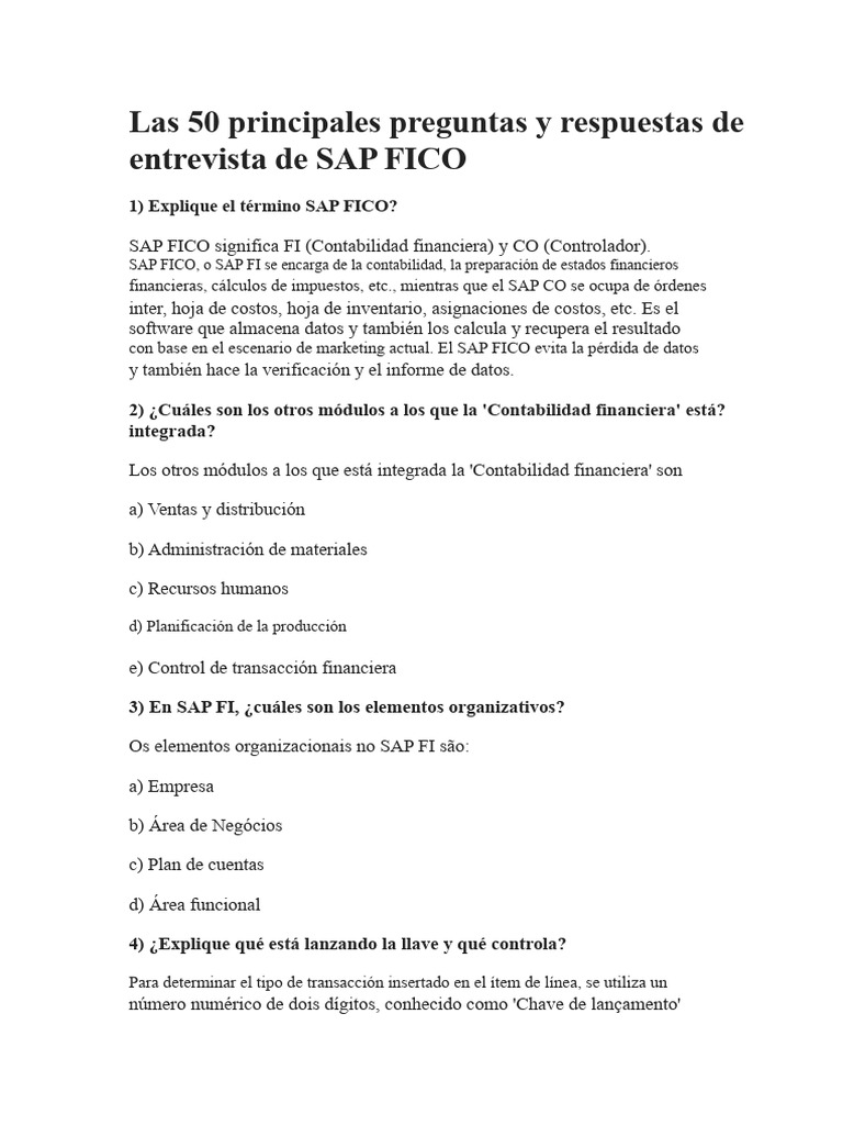 Las 50 principales preguntas y respuestas de la entrevista de SAP FICO | PDF | Contabilidad ...