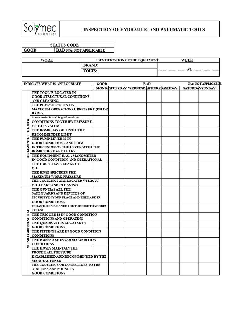Hydraulic and Pneumatic Tool Inspection | PDF