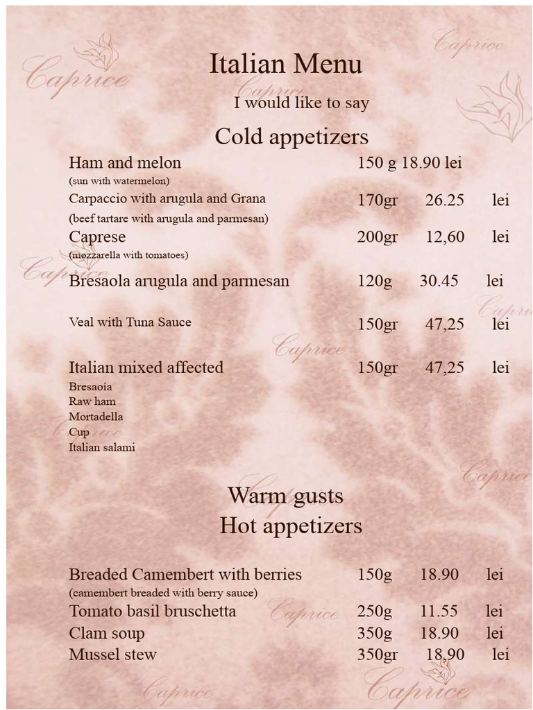 Caprice Menu | PDF | Salad | Pizza