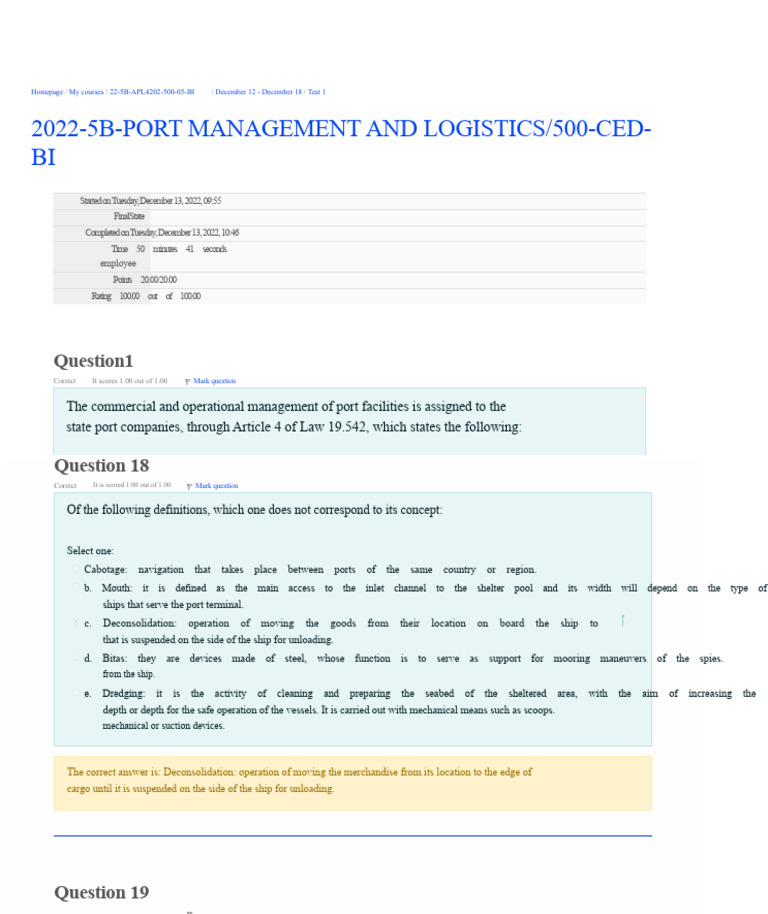 Port Management and Logistics Test Results | PDF