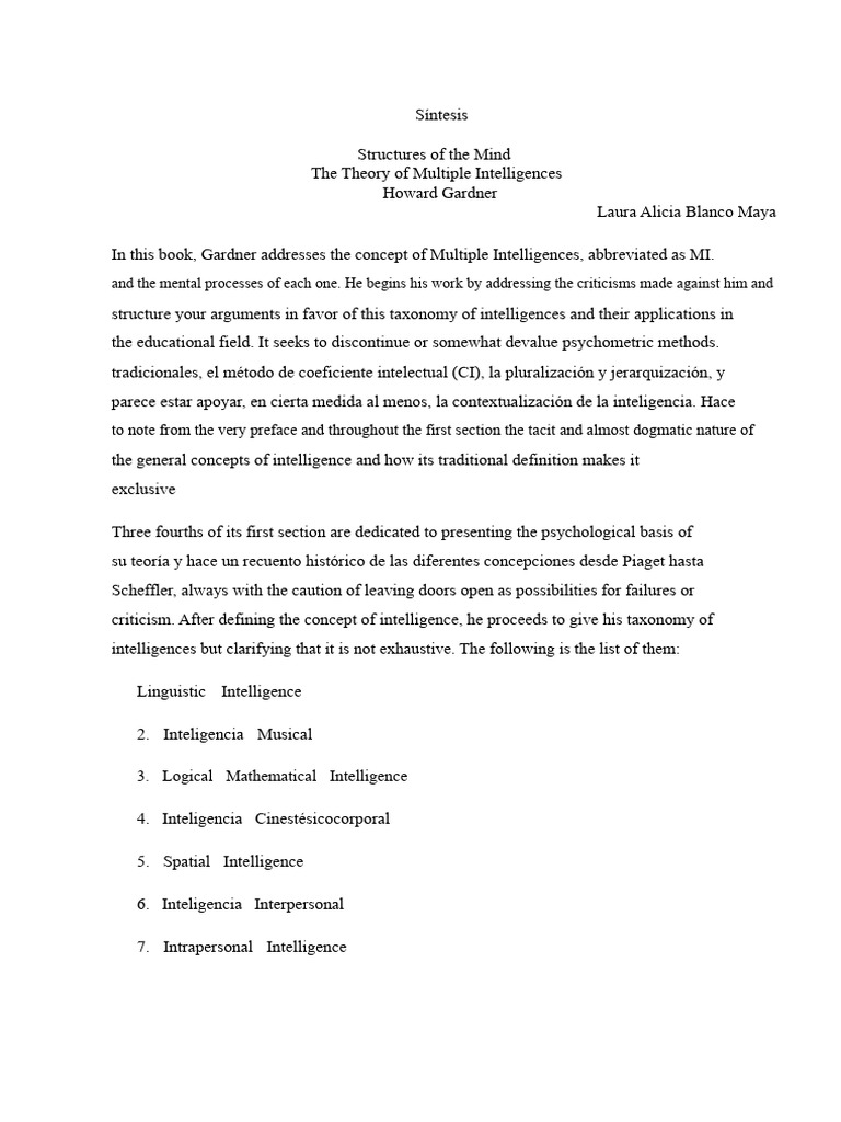 T1 Summary Structures of the Mind HGardner | PDF | Intelligence | Behavioural Sciences