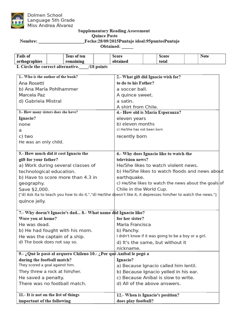 5th Grade Reading Assessment: Quince Paste | PDF