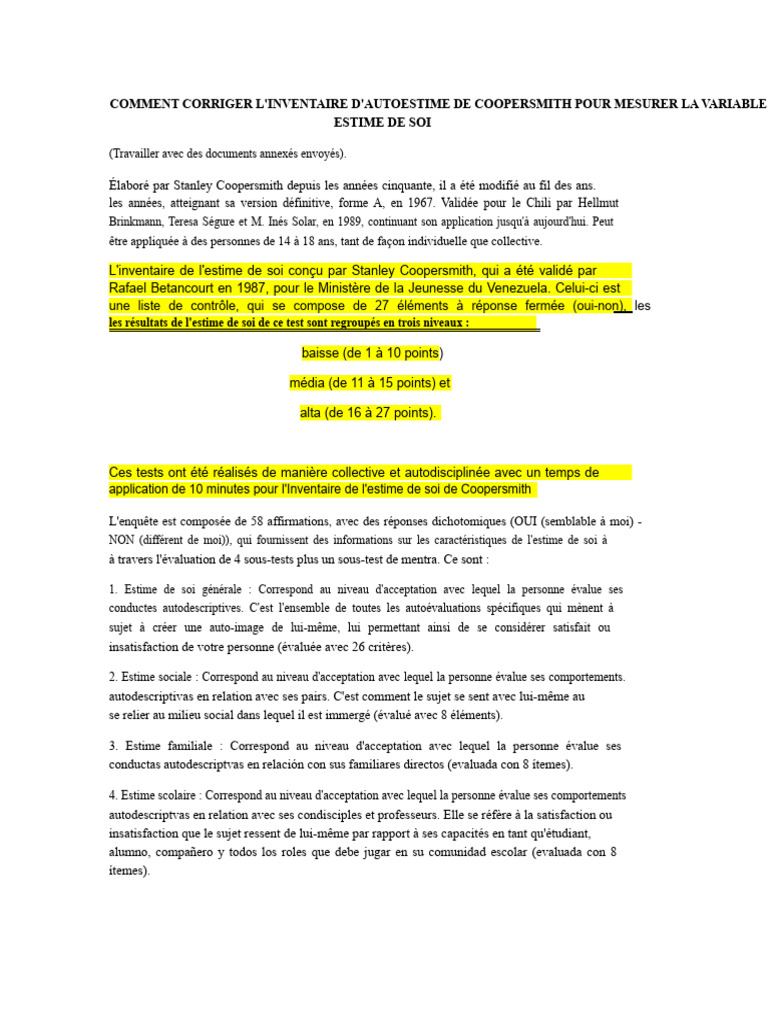 Corriger l'inventaire Coopersmith estime de soi | PDF | Estime de soi ...