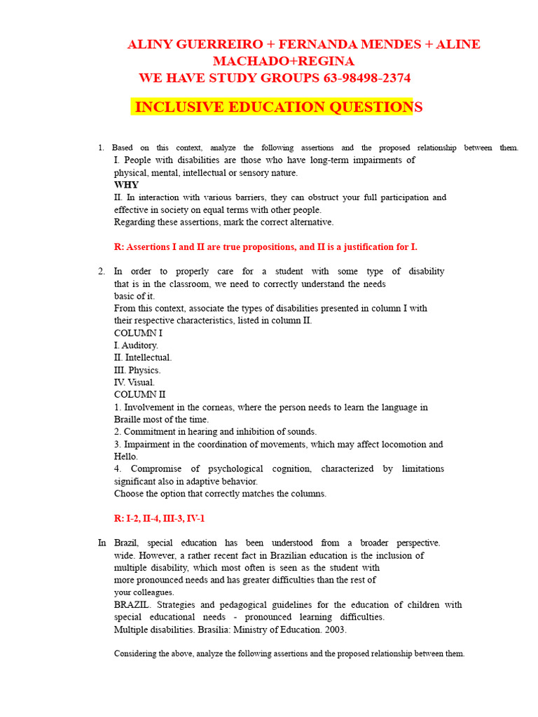 Inclusive Education Answer Key | PDF | Autism | Special Education