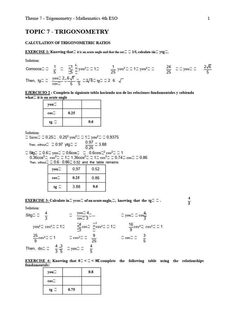 4th Year of ESO Trigonometry Solved Exercises PDF | PDF | Trigonometry ...