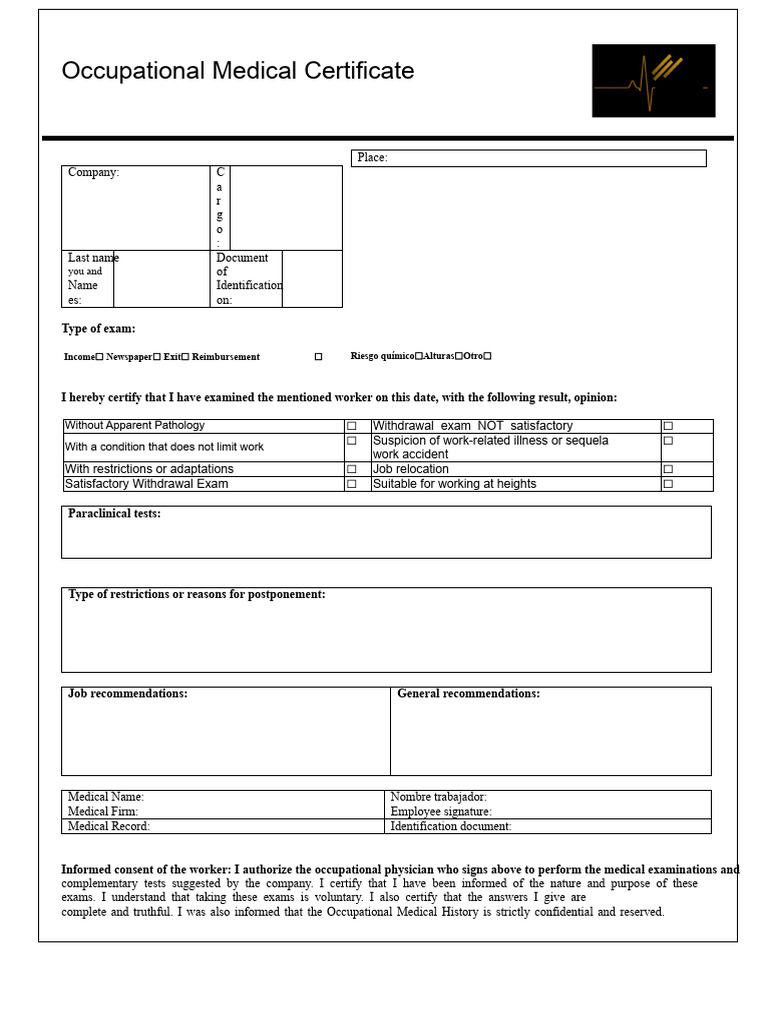 Occupational Medical Certificate Template | PDF