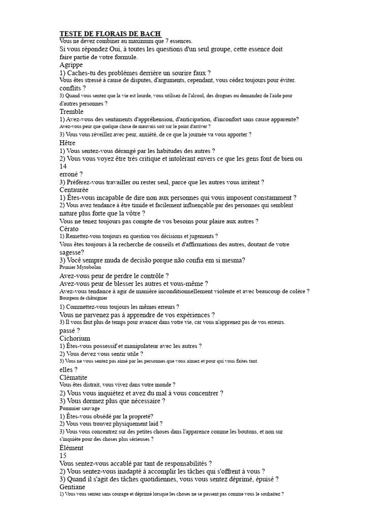 Questionnaire sur les Fleurs de Bach | PDF | Peur | Anxiété